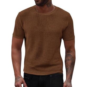 Generic DENGJIAMY T-shirt gaufr&eacute; pour homme, t-shirt d&eacute;contract&eacute; uni &agrave; manches courtes et col rond, chemises tendance pour hommes, v&ecirc;tements d&eacute;t&eacute;, caf&eacute;, XXL