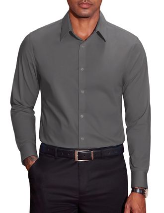 Coofandy Herren Baumwolle Hemd Langarm Stretch Bügelleichtes Businesshemden Unifarben Regular Fit Freizeithemden Männer Anzug Hemden Dunkelgrau 3XL