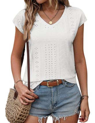 Zeagoo Tank Top Damen Weiss V AusschnittKurzarm Blusentop Elegant Lochstickerei T-Shirt Sommer Leicht Luftig Locker Top Wei&szlig; L