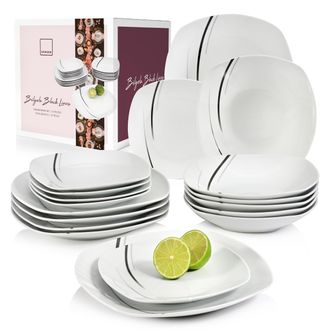 S&auml;nger | Tafelservice Bilgola Black Lines aus Porzellan, 18-teiliges Geschirrset f&uuml;r 6 Personen, Teller Set, Eckig | PREMIUM COLLECTION