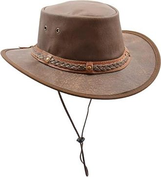 House Of Leather Chapeau de cowboy en cuir v&eacute;ritable avec mentonni&egrave;re amovible Style australien Marron HL001, marron, M