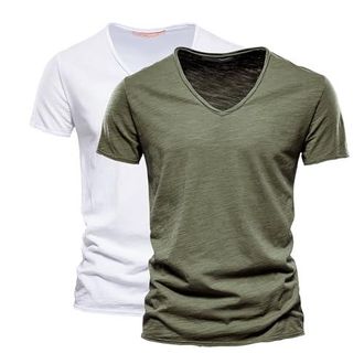 Generic Lot de 2 t-shirts d&eacute;t&eacute; &agrave; col en V pour homme - En coton - L&eacute;g&egrave;rement ajust&eacute; - Manches courtes - Couleur unie - D&eacute;contract&eacute; - Doux et confortable - T-s