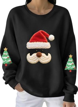 Generic Chandail de Noël à col ras du cou pour femme - Motif Père Noël moche - Haut à manches longues, Z04-Noir., M