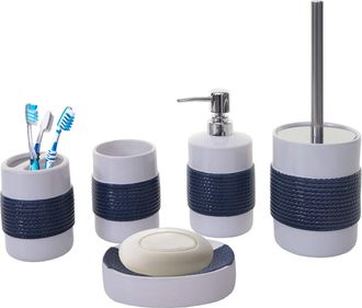 Mendler 5-teiliges Badset HWC-C73, WC-Garnitur Badezimmerset Badaccessoires, Keramik - blau/weiß