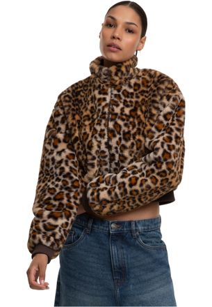 Urban Classics Damen Kunstfell Jacke Ladies Cropped Faux Fur Leo Jacket, kurzer Teddy Blouson mit Leopardenmuster, weiche Leo-Felljacke, Gr&ouml;&szlig;en XS - XL
