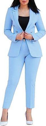 Minetom Tailleur Femme 2 Pi&egrave;ces Elegant Couleur Unie Slim Fit Manche Longue Blazer Veste Formel Bureau Travail Pantalon Costumes A Bleu XL