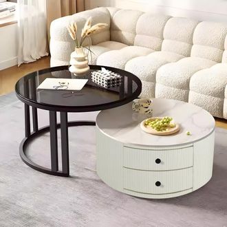 Generic Couchtisch 2er Set, Wei&szlig;e Marmor Satztisch mit Schubladen, Beistelltisch mit Metallrahmen und Glas, Platzsparender Moderne Sofatische f&uuml;r Schlafzimmer