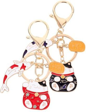 BESPORTBLE Lot de 2 Porte-Cl&eacute;s Amulette Chat Japonerie Rouge et Bleu en Alliage Symbole de Chance et Prosp&eacute;rit&eacute; Accessoires Multifonctions pour Cl&eacute;s de Voiture e