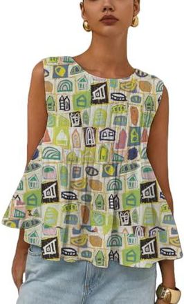 Generic Haut p&eacute;plum pliss&eacute; sans manches pour femme, d&eacute;bardeur d&eacute;t&eacute; &agrave; volants, chemisier nuisette d&eacute;contract&eacute;e fronc&eacute;e fluide, Couleur-2, XS