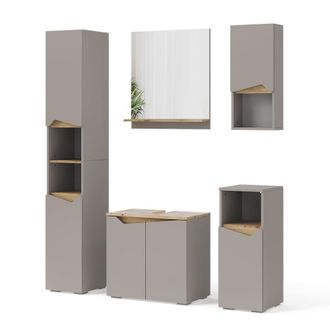 Vicco Badm&ouml;bel-Set Greige Marelle, bestehend aus Bad Spiegelschrank, Midischrank, H&auml;ngeschrank, Waschbeckenunterschrank, Hochschrank - Praktische Aufbewahru