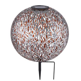 Globo Lighting LED Solar Steck Leuchte Au&szlig;en Garten Erdspie&szlig; Strahler Stanzungen Deko-Licht Terrassen Hof Balkon Kugel Lampe, Farbe:silber - Bl&auml;tter-Optik H 38 cm