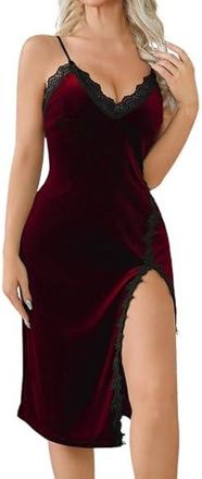 Generic Chemise de nuit longue en velours et dentelle pour femme - Nuisette en V profond - Chemise de nuit à ourlet fendu - Vêtements de nuit sans manches, Ro