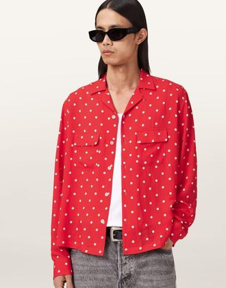 AllSaints Chemise manches longues &agrave; mini pois - Rouge piment