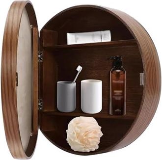 Generic Armoire de rangement murale ronde de salle de bain avec miroir, finition noire/bois/noyer, 60 cm, miroir de maquillage rond, économiseur despace, pour