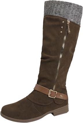 Generic Bottes hautes pour femme - Style d&eacute;contract&eacute; et confortable - Col en tricot &eacute;l&eacute;gant - Boucle &agrave; talon bas - Fermeture &eacute;clair lat&eacute;rale - Bottes d&eacute;quitat