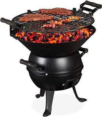 Relaxdays Grillfass, Gusseisen und Stahl, h&ouml;henverstellbar, tragbar, Barbecue Holzkohlegrill, Grillrost &Oslash; 35 cm, schwarz, 39 x 46 x 36 cm