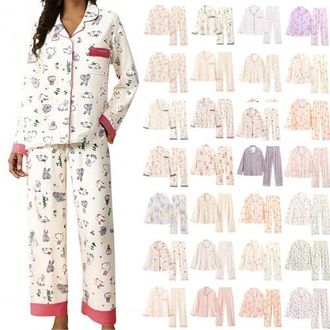 Generic Pyjama long pour femme - Élégant pyjama avec boutonnière - Pyjama en coton - Vêtement de détente douillet - Deux pièces - Baggy - Ensemble de pyjama c