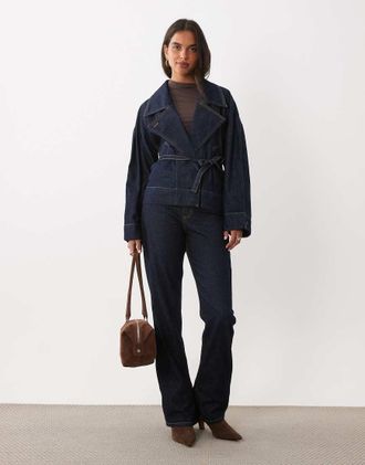 Mango veste courte en jean ceintur&eacute;e 100 % coton indigo-Bleu
