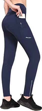 Baleaf Legging thermique doublé en polaire pour femme - Pantalon de course à pied avec poches zippées - Taille haute, bleu, XL