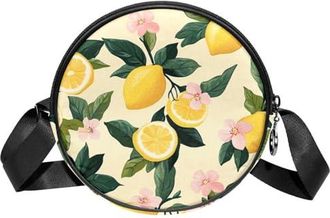 Generic Sac &agrave; bandouli&egrave;re rond pour femme, motif citrons, petit sac &agrave; bandouli&egrave;re avec fermeture &eacute;clair, bretelles r&eacute;glables, sac &agrave; main rond d&eacute;contract&eacute; pour