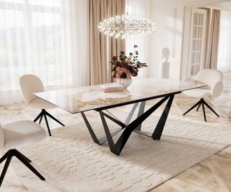 DELIFE Esstisch Edge 180-220x100 Keramik Minas Melange Weiß-Beige Spider Flachstahl Schwarz ausziehbar, Esstische