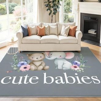 Generic Tapis 120 x 170 cm Lavable Poil Ras Anti Slip Chambre - Mignon Animaux &Eacute;l&eacute;phant Ours Th&egrave;me Tapis de Salon, Gris Moquette Decoration Maison pour Chambr