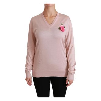 Dolce & Gabbana Lang&auml;rmliger Seidenpullover mit Blumenverzierung - - Knitwear - Damen - Rosa - XL