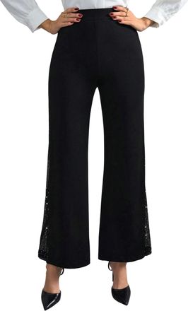 SOLY HUX Damen Hosen Elegant Palazzohose mit Mesh Hohe Taille Freizeithose Glitzer Weite Hosen Elastischem Bund Festlich Business Outfit Schwarz M