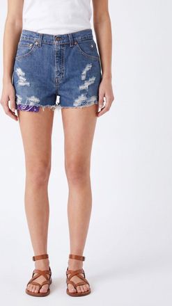 HTC High-Waist-Denim-Shorts im Used-Look mit fransigem Saum