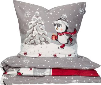 Schiesser Bettwäscheset Telso | Feinbiber | 2-teilig | Pinguine | 100 % Baumwolle | Oeko-Tex Made in Green Zertifiziert | Reißverschluss | 155x220cm + 80x80cm |