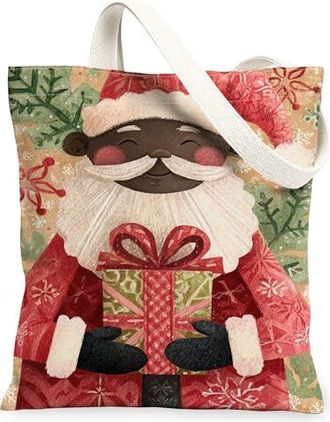 Generic Sacs fourre-tout en toile motif P&egrave;re No&euml;l r&eacute;utilisables, vintage l&eacute;gers et lavables avec bandouli&egrave;re pour les voyages, Rouge, 13x15 Inch