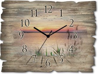 Artland Wanddeko Wanduhr ohne Tickgeräusche aus Holz Funkuhr 40x30 cm Rechteckig Lautlos See Steg Landschaft Sonnenuntergang Sonne Ländlich T9QD