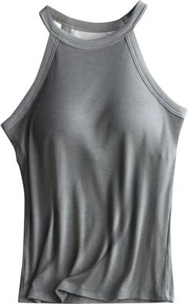 Generic Débardeur dos nu sans manches pour femme - Couleur unie - Coton - Décontracté - Respirant - Confortable - Avec soutien-gorge rembourré intégré - Coupe