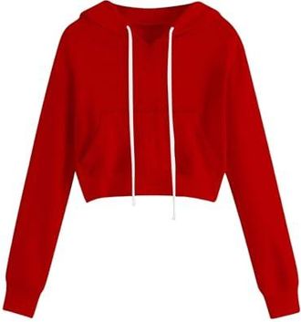 Generic Sweat à capuche court uni à manches longues pour femme, pour le sport, lentraînement, le fitness, décontracté, col rond, pull à capuche, Rouge, L