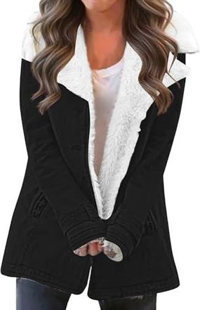 Generic Veste dhiver chaude en polaire Sherpa doubl&eacute;e de grande taille avec revers boutonn&eacute;, manteau dext&eacute;rieur en composite tendance pour femme, Noir, 5XL