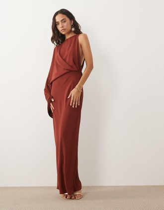 Asos Robe longue droite asym&eacute;trique avec dos drap&eacute; - Marron-Multi