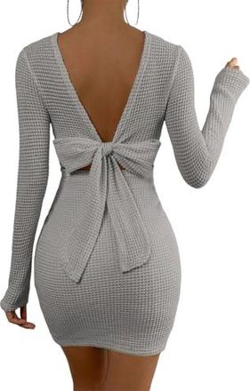 Onsoyours Robes Femmes &Eacute;l&eacute;gantes &Agrave; Manches Longues Sexy Dos Nu Dentelle Robe Patchwork D&eacute;contract&eacute;e Mini Robe Couleur Unie Robe De Soir&eacute;e 04 Gris XL