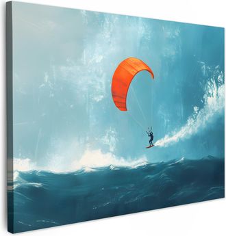MuchoWow &copy; Bilder 80x60 cm Wohnzimmer Deko Modern Wandbild Kunstdruck auf Leinwand Bild Schlafzimmer &uuml;ber Bett Room Decor Geschenke Kitesurfer - Orange - Meer 