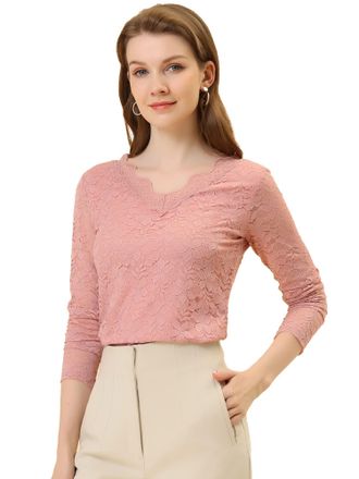 Allegra K Damen Langarm Durchsichtig Spitze Dirndl Trachtenbluse Oberteil R&uuml;schenkragen Mesh Blumen Lace Top Bluse Rosa XS