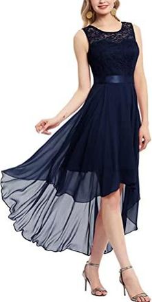 Onsoyours Robe de Soirée Femme Asymétrique sans Manche Couleur Unie Dentelle Cocktail Robe Mousseline Swing pour Bal Mariage A Marine 3XL