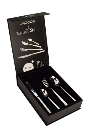 Arcos Besteckset 24-teilig f&uuml;r Tisch - Komplettes Besteck f&uuml;r 6 Personen, Set aus 6 L&ouml;ffeln, 6 Messern, 6 Gabeln und 6 Dessertl&ouml;ffeln - Silber, Serie Toscan