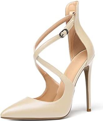 elashe Escarpins Femme Talon Stiletto Bout Pointu Bride Cheville Talon Aiguille Soirée High Heels Sexy Beige EU36