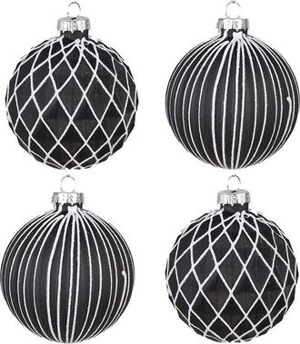Clayre & Eef Weihnachtskugel 4er Set &Oslash; 8 cm Schwarz Wei&szlig; Glas Weihnachtsdekoration