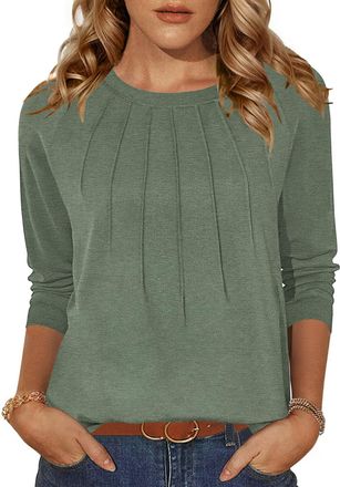 Zeagoo T Shirt Damen Rundhals Langarm Basic Tunika Tops Plissee Elegant Einfarbig Oberteile Leichte D&uuml;nner Winter T-Shirt Gr&uuml;n L
