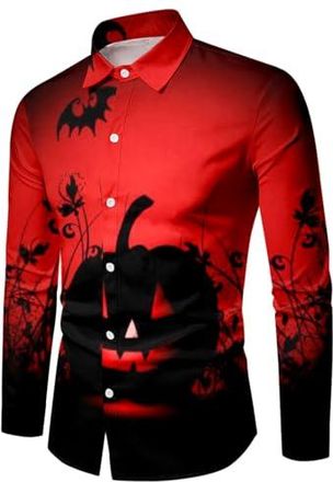 Generic 2026 Chemise à manches longues imprimée pour homme Halloween Coupe ajustée, Rouge, XXL