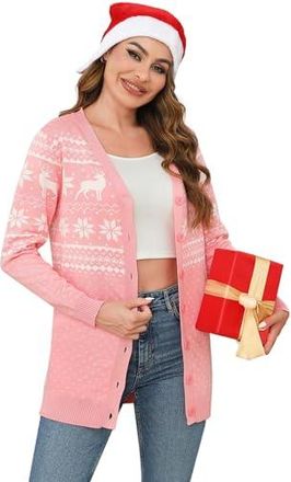 iClosam Gilet Noël Femme Cardigan Noel Hiver Pullover Chaud avec Bouton Gilet Motif de Renne en Tricot Veste de Noël a Manches Longues S-XXL