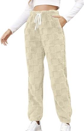 Generic Pantalon de pyjama en peluche pour femme - Pantalon de pyjama textur&eacute; &agrave; carreaux avec poches et cordon de serrage - Coupe ample - Pantalon dhiver &eacute;pai