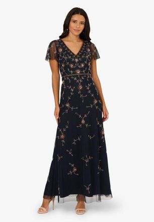 Adrianna Papell Abendkleid Short Sleeve Floral Beaded Mermaid Gown Elegant, vollst&auml;ndig mit Perlen bestickt und klassisch