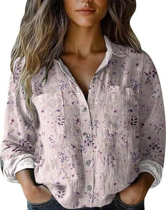 Generico Chemise Femme d&Eacute;t&eacute; Casual Manches Longues Chemisier en Lin Coton &Eacute;l&eacute;gant Respirant Chemises Col en V L&eacute;ger T Shirt Vintage Fantaisie avec Boutons Clas