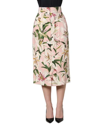 Dolce & Gabbana Womens Pink Lilium Print High Waist Pencil Skirt Silk Elastane